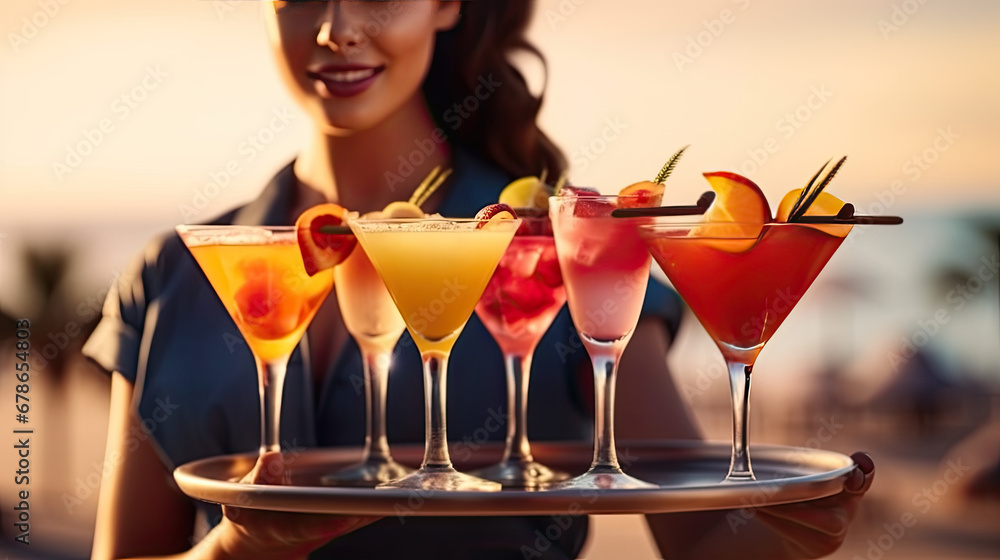 woman with cocktail, Waitress serving cocktails on the beach. Young ...