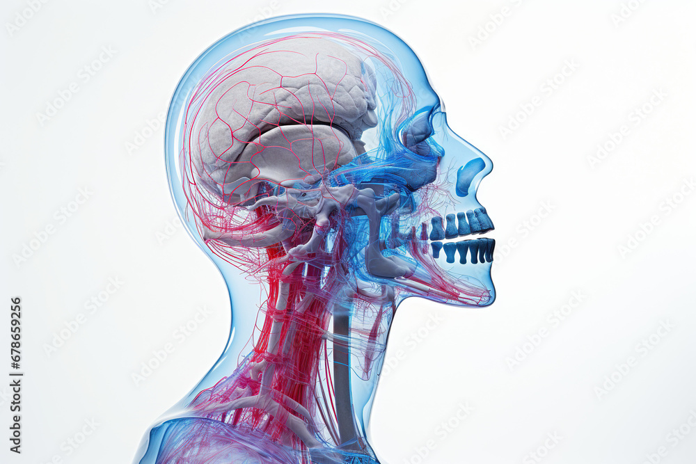 Skull bones of the human head with arteries and veins, anatomy. Human ...