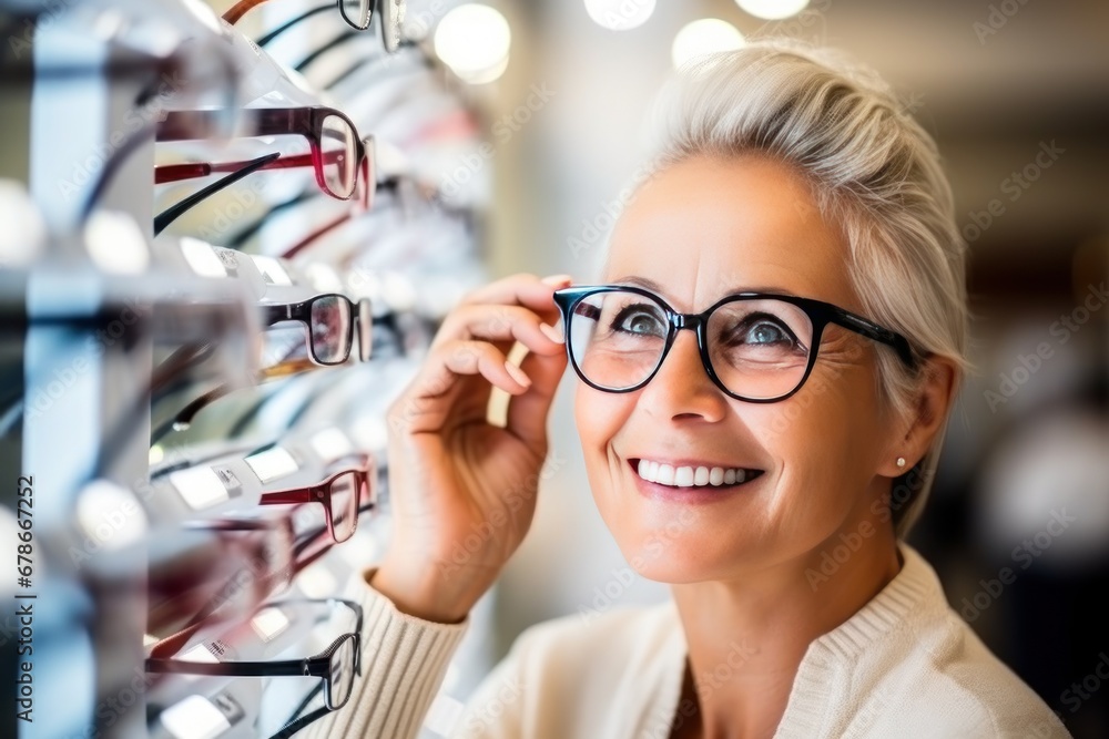 Mature elegant Caucasian lady with glad chooses glasses for vision to ...