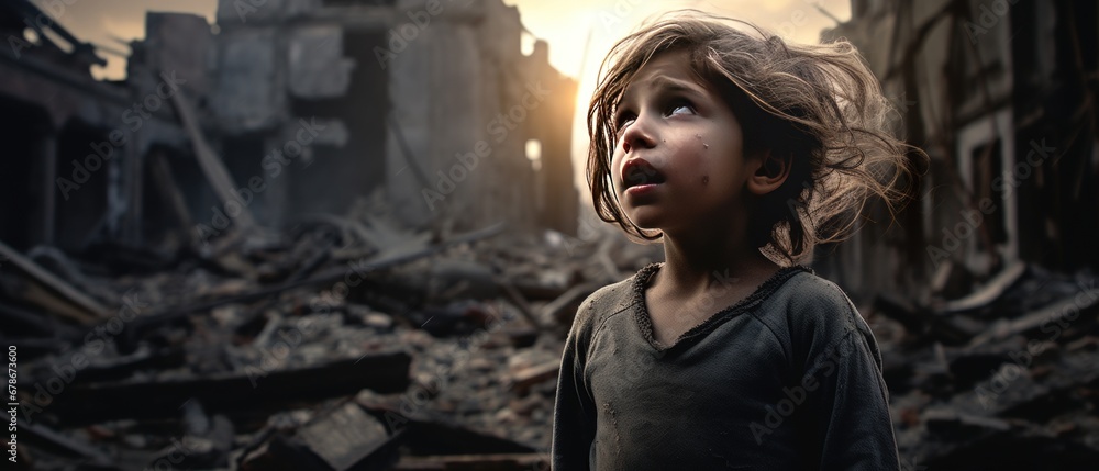 Portrait little girls crying in the ruins of buildings caused by war ...