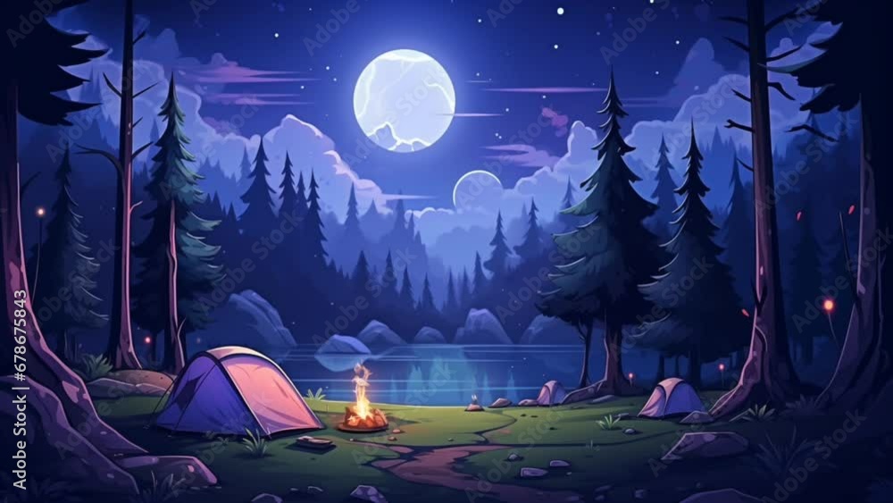 Camping in the mountains at night with bonfire and tent,Seamless ...