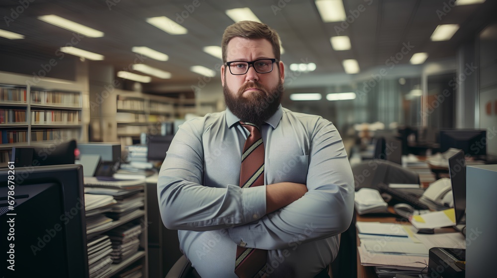 An overweight office worker stands at a cluttered desk, surrounded by ...