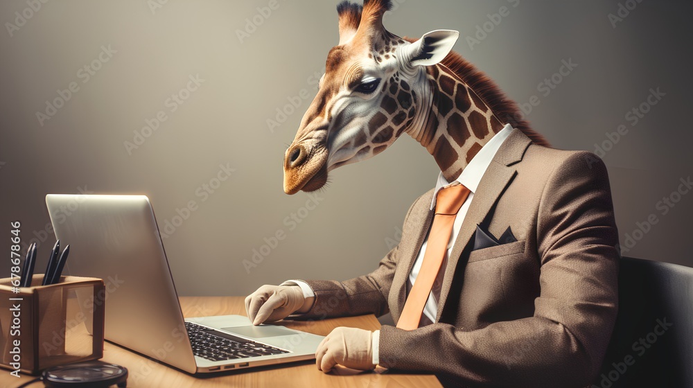 A whimsical depiction of a longnecked giraffe dressed in a formal ...