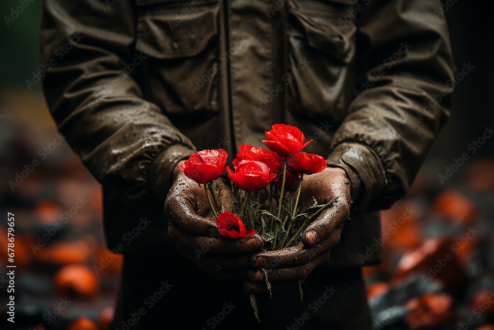 Soldier hands with red poppy flower. Soldier hands holding wild reds ...