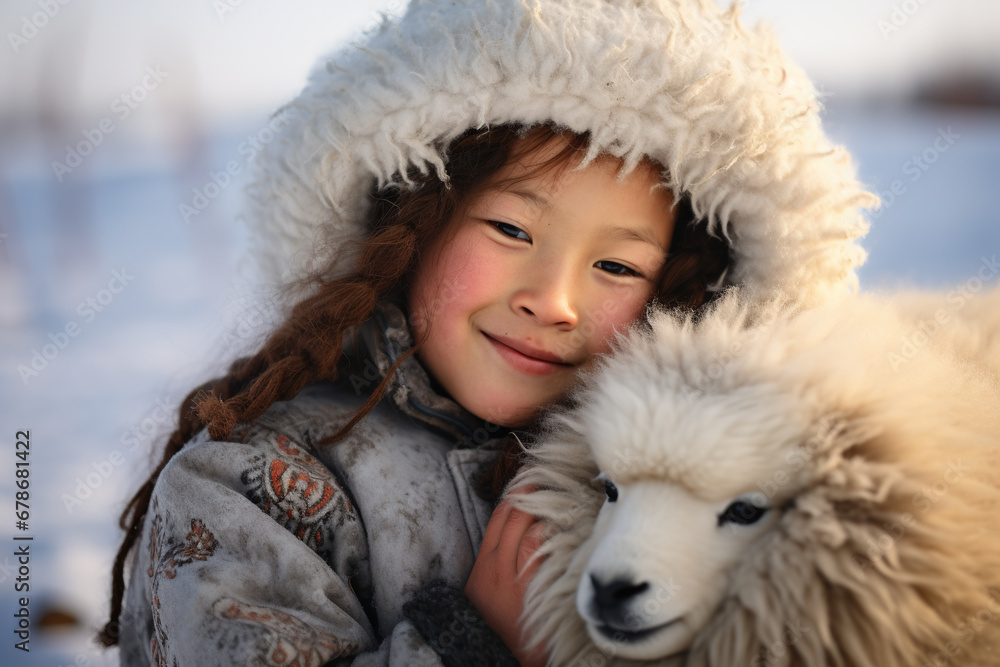 Young Mongolian Girl with Sheep. Happy asian girl on a sheep pasture on ...