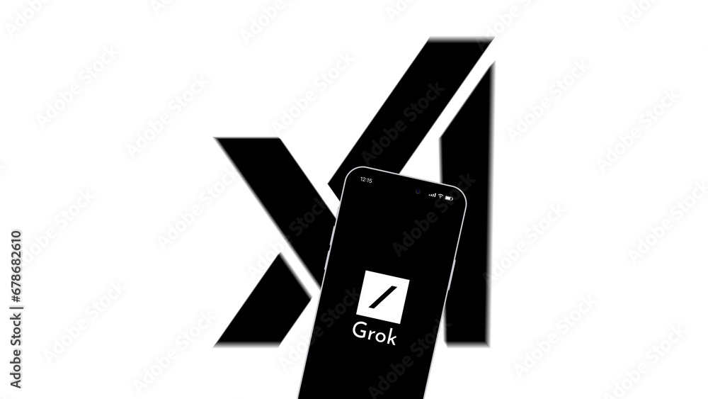 Grok x ai logo on smartphone screen focus and x ai logo blur in white ...