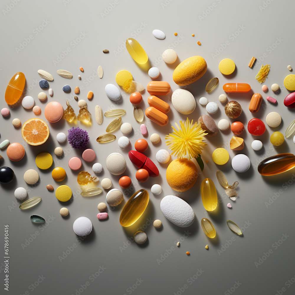 clean, modern visuals of supplements and vitamins, pill form, powder ...
