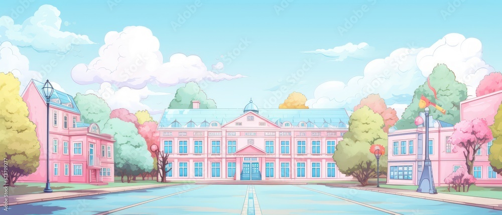 Hand drawn school building cartoon on pastel color background. AI ...
