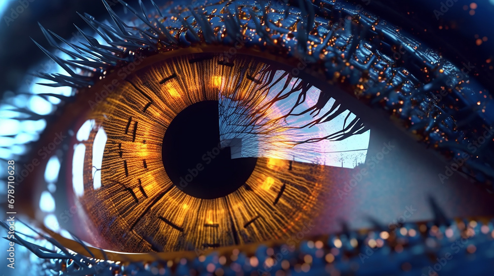 a human eye, with a reflection of a complex data visualization in the ...