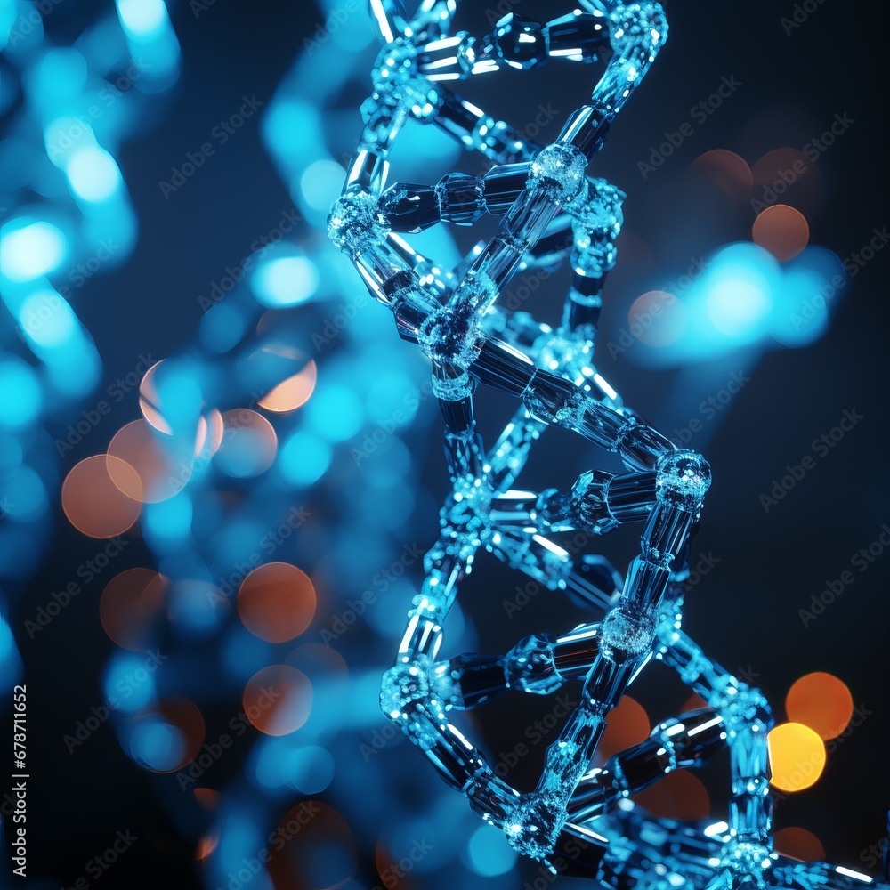 3D model of a DNA molecule with shiny bonds and atoms. Background of ...