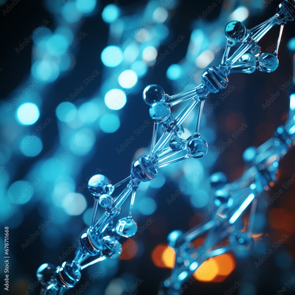 3D model of a DNA molecule with shiny bonds and atoms. Background of ...