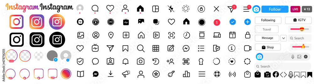 Instagram icon set. User stories button, symbol, logo sign. Stories ...