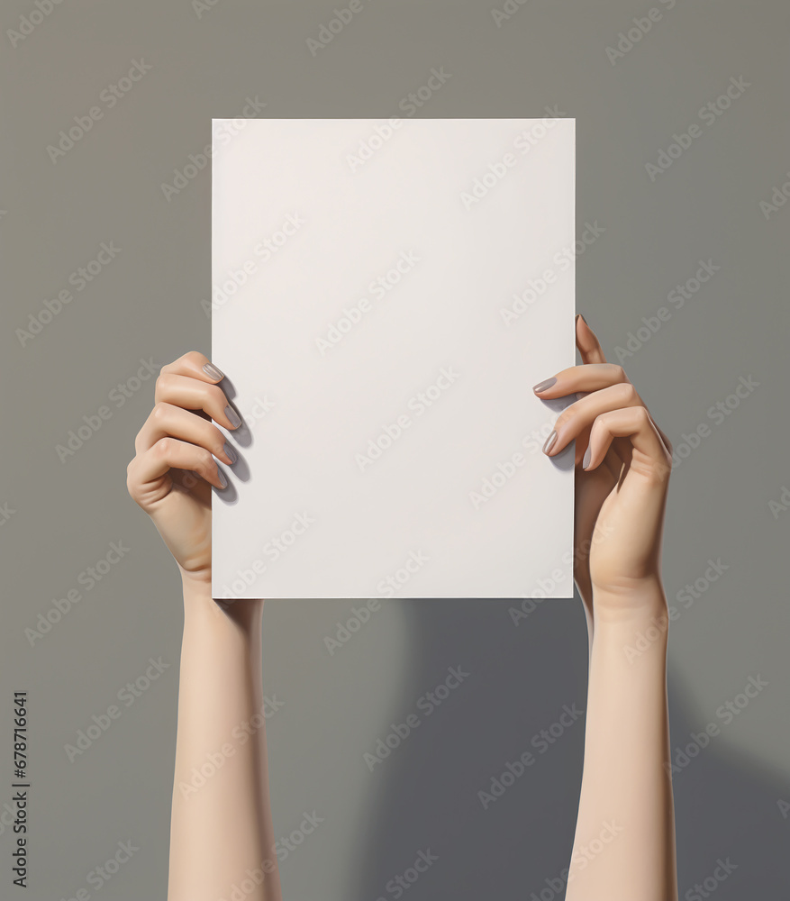 Woman holding blank paper sheet in front of her face. Mock up, blank ...