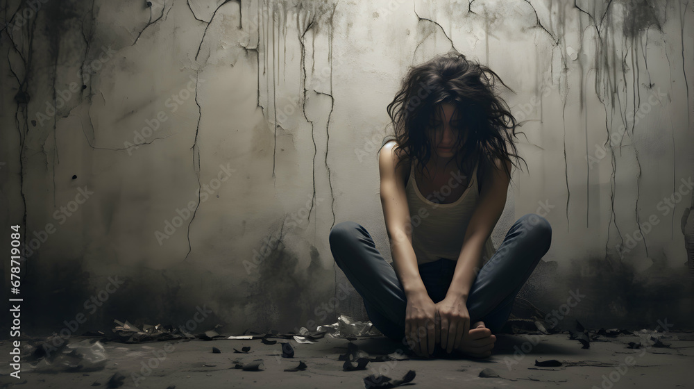 Depressed woman with head bowed, sitting on the floor leaning against ...