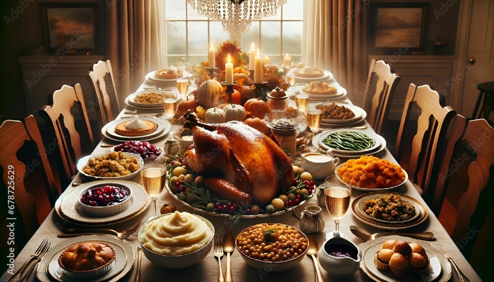 AI generated illustration of A festive Thanksgiving dinner spread on a ...