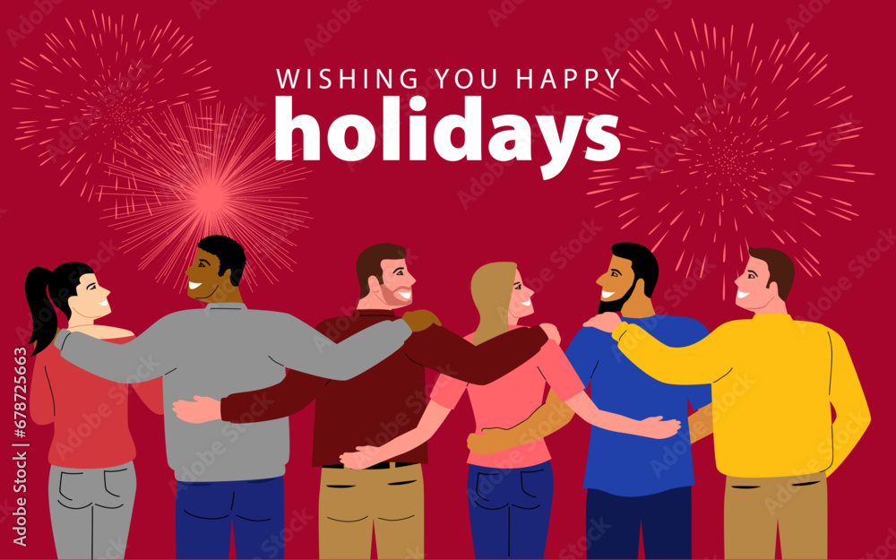 Cartoon illustration depicting a diverse group of people joyously ...