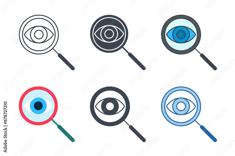 Magnifier with eye icon collection with different styles. Spy. Eye with ...