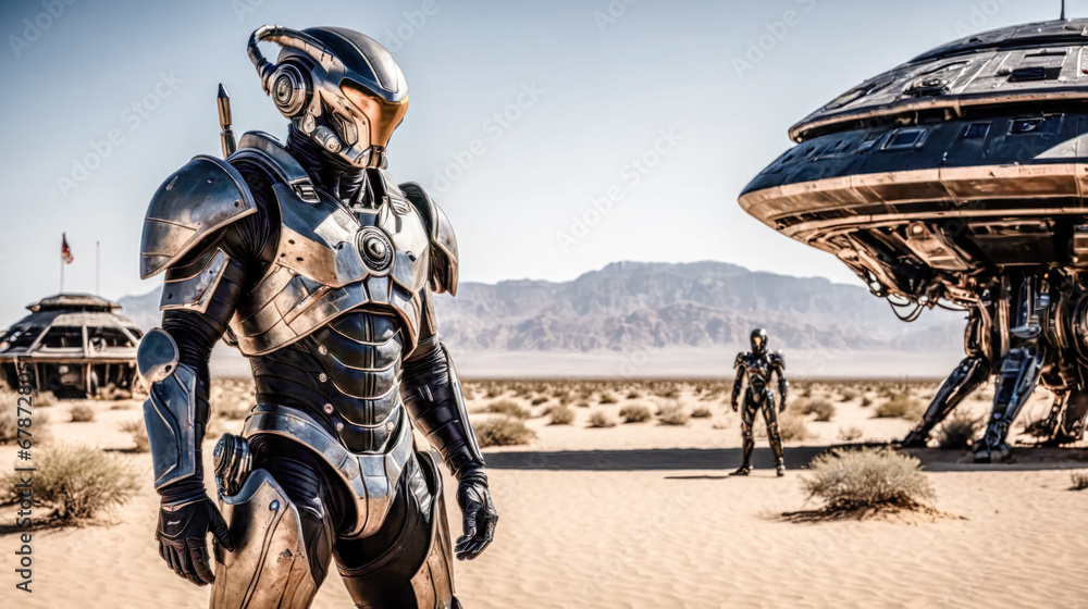 Alien Cyborg Robotic Warrior lands in the Desert Background Backdrop ...