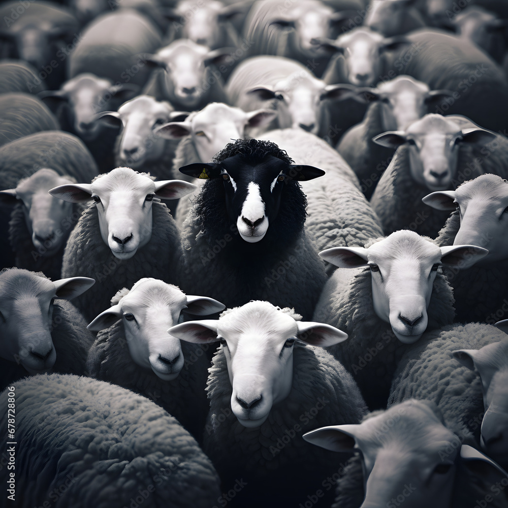 A lone black sheep stands tall among a flock of white sheep, lifting ...