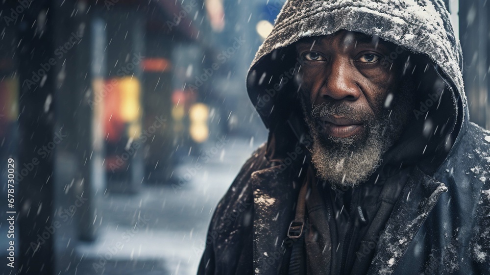 Homeless man on the street of a big city, alcoholism, drug addiction ...