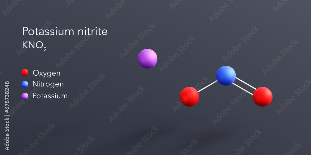 potassium nitrite molecule 3d rendering, flat molecular structure with ...