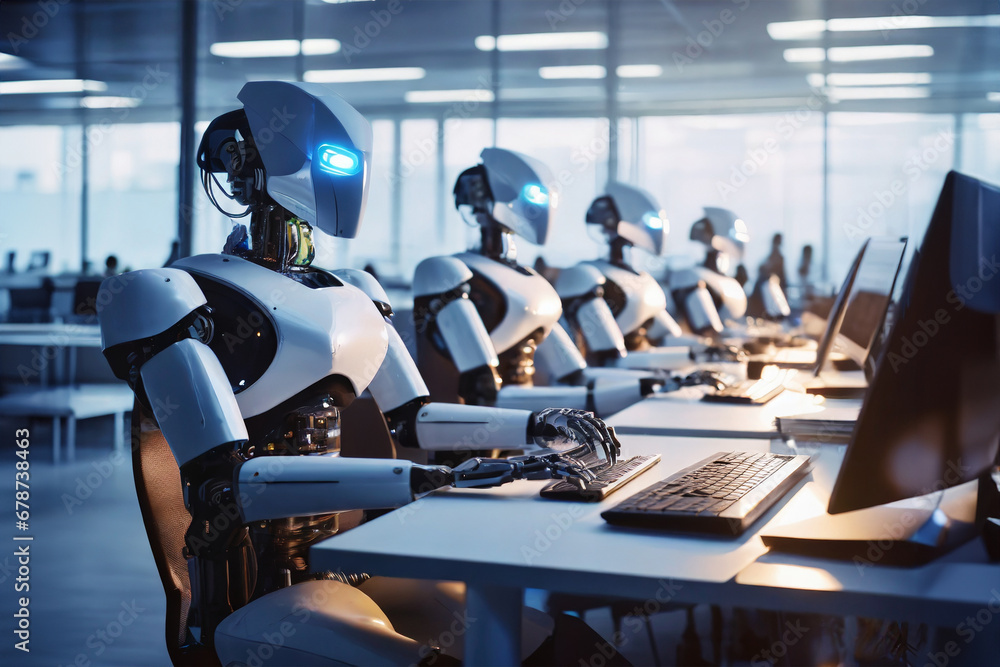 Futuristic worker.Humanoid work at office.Robot working at computer ...
