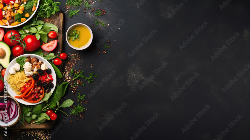 Food background. Top view of olive oil, cherry tomato, herbs and spices ...