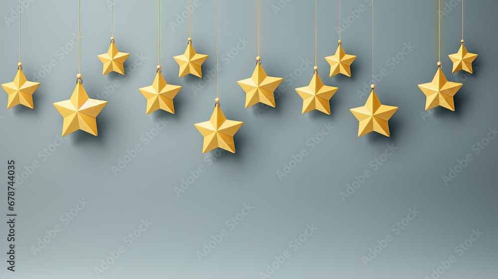 a group of gold stars hanging from strings on a gray wall next to a ...