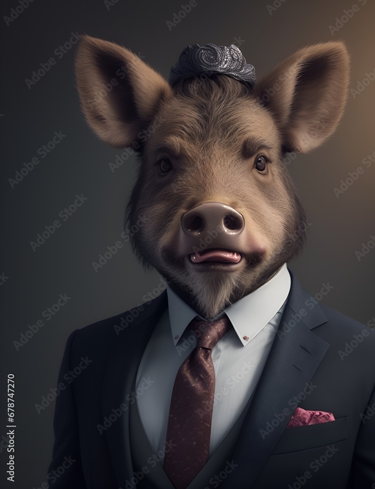 Boar is dressed elegantly in a suit with a lovely tie. An ...