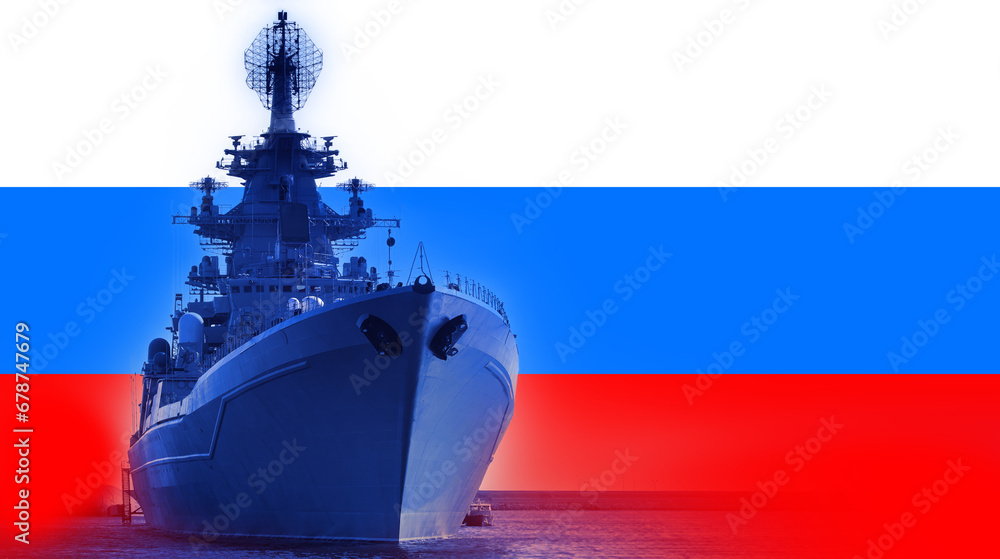 Russia navy. Ship with flag of Russian federation. Military cruiser for ...