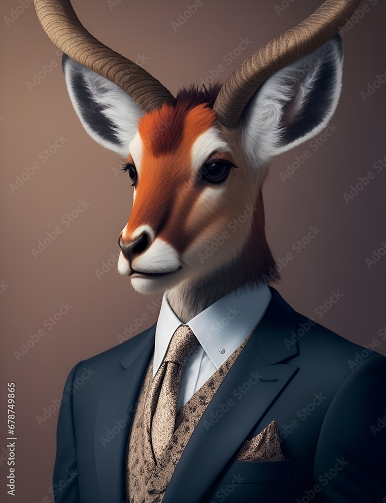 Antelope is dressed elegantly in a suit with a lovely tie. An ...