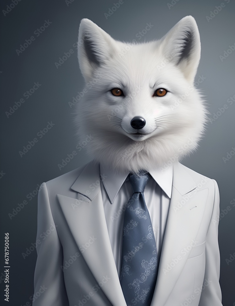 Arctic fox is dressed elegantly in a suit with a lovely tie. An ...