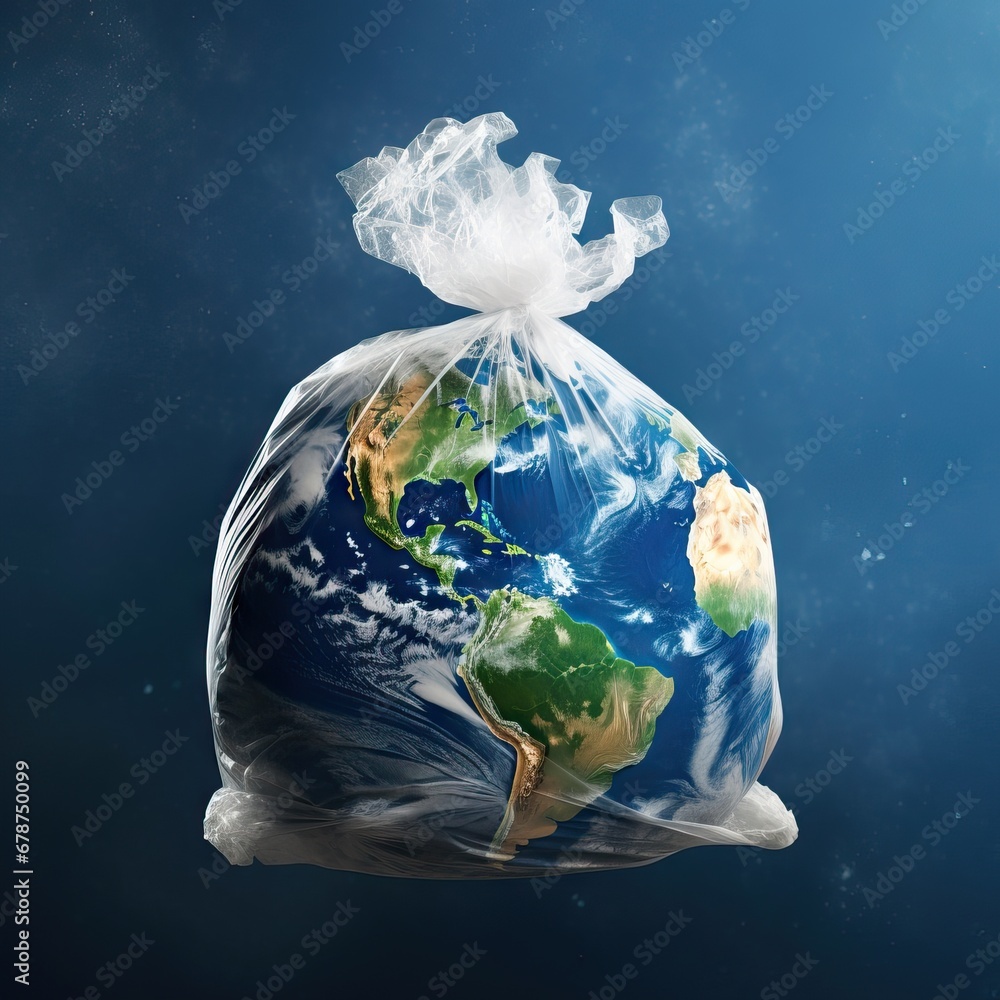 Environmental problems with plastic. Globe in plastic bag on dark ...