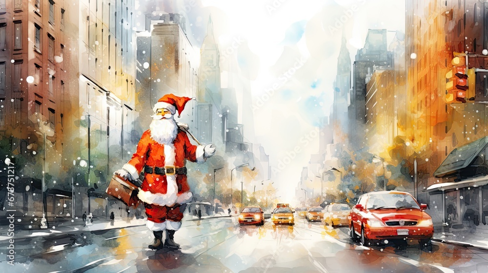 a painting of a man dressed as santa claus crossing the street in the ...