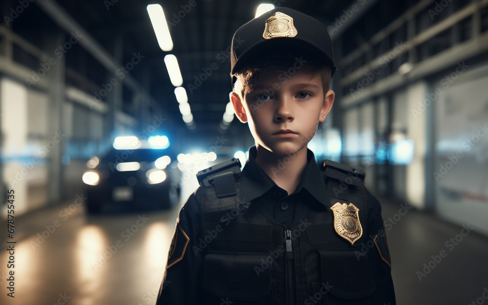 10 year old boy wearing police uniform police station background ...