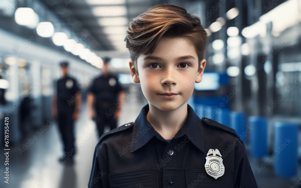 10 year old boy wearing police uniform police station background ...