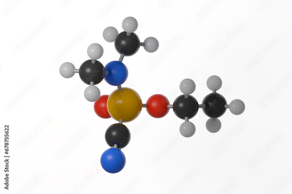 Ball and stick model of tabun molecule with triple bonds shown, against ...