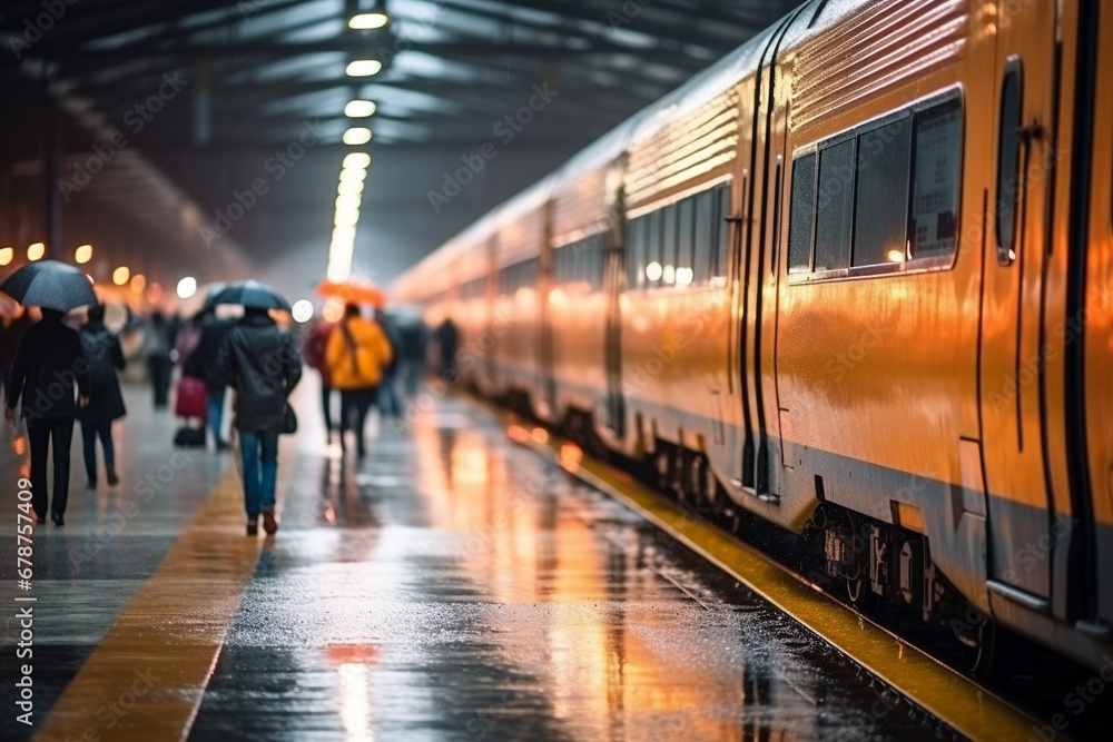 atmosphere of bustling train station during rain shower, where ...