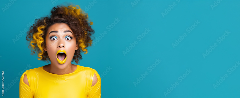 Illustration of surprised beautiful young woman. Wide banner with place ...