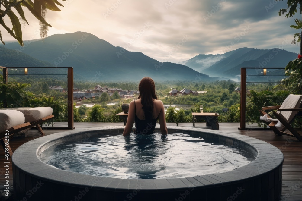 Woman relaxing in swimming pool with mountain view in background at ...