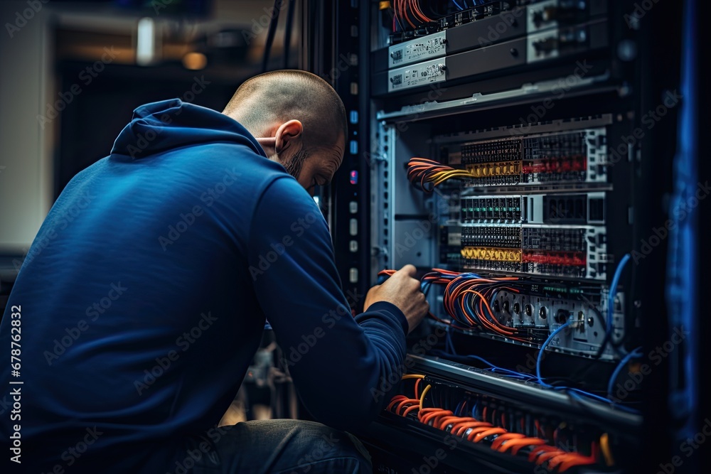 Technician repairing server in datacenter server room. Network ...