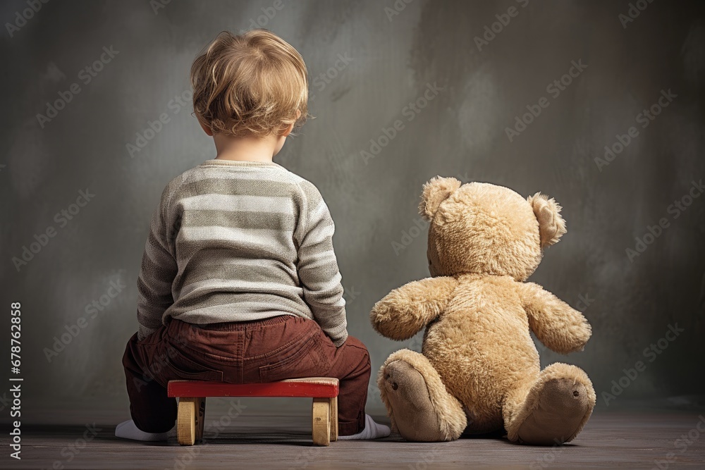 Cute little boy sitting on the floor with teddy bear toy, rear view of ...