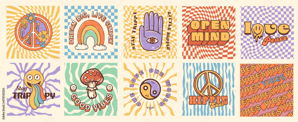 Groovy hippie 60s stickers. Funny cartoon flower, rainbow, peace, Love ...