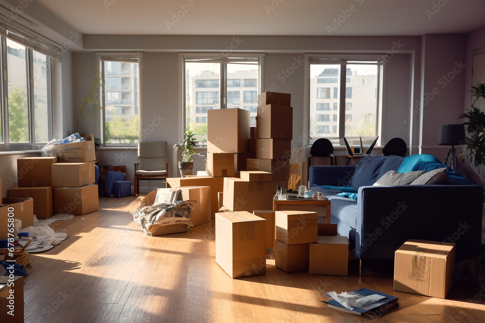 Moving day concept, cardboard carton boxes stack with household ...