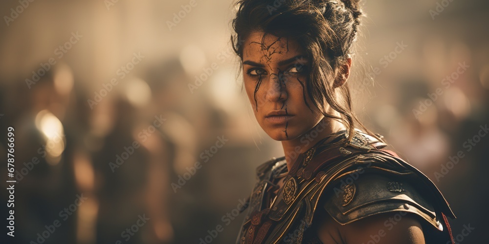 A female gladiator, a rare sight in ancient Rome, stands ready to ...