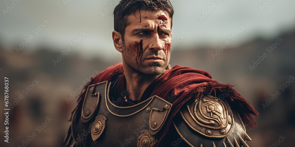 A powerful shot of a Roman centurion in full battle gear, standing ...