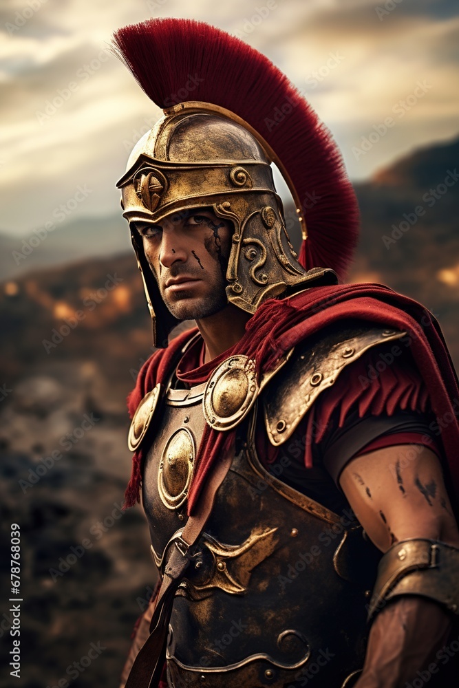 A powerful shot of a Roman centurion in full battle gear, standing ...