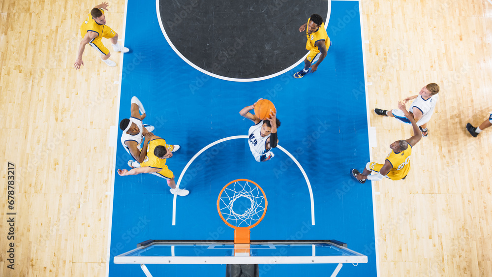 Top Down View of Talented Basketball Player Scoring Striking Slam Dunk ...