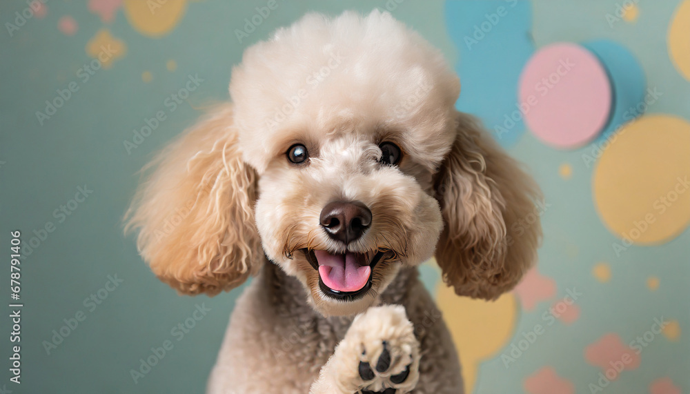 lifestyle portrait photography of a smiling poodle having a paw print ...