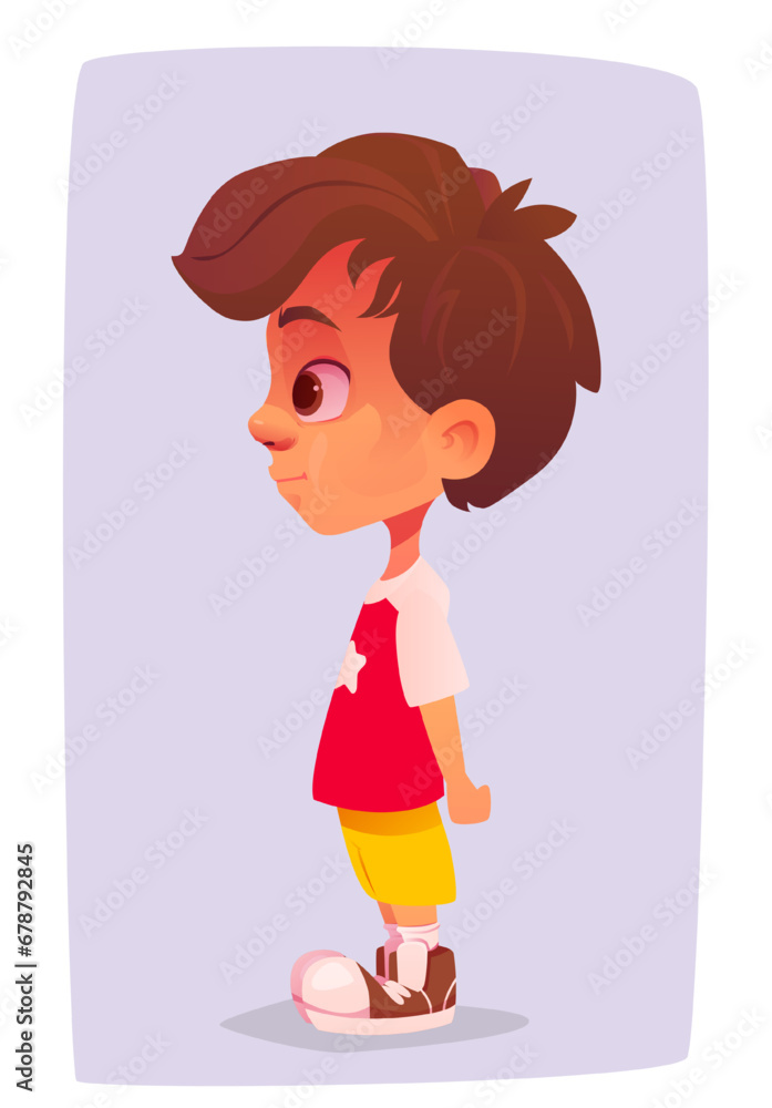 Standing little child. Side view of little cute boy wearing stylish ...